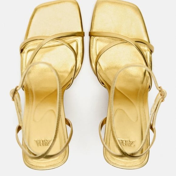 Zara | Shoes | Zara Gold Strappy Metallic Heeled Sandals | Poshmark